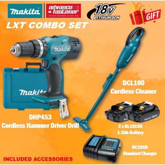 MAKITA 18V LXT Cordless Combo Set ( DHP453SYE Cordless Hammer Driver Drill / DCL180Z Cordless ...