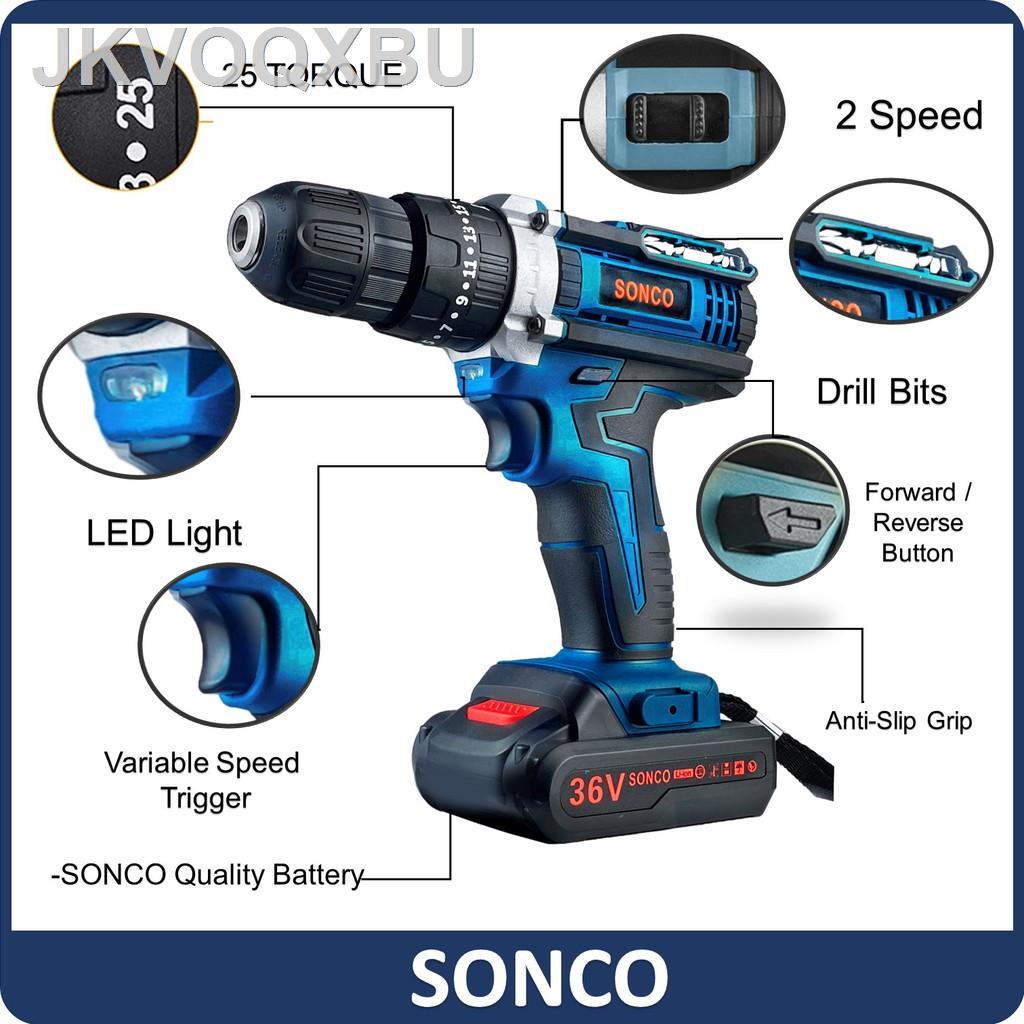 【new】 SONCO Cordless Impact Drill Screwdriver 2 Battery Hammer Drill 3 ...