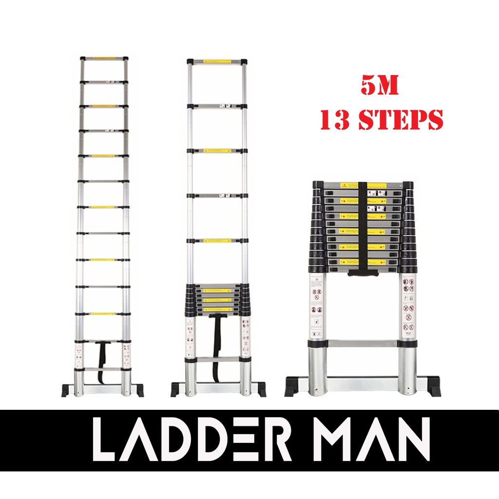 HIGH QUALITY ALUMINIUM TELESCOPIC EXTENDABLE LADDER 5M WITH 13 STEPS ...