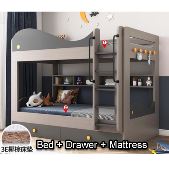 EKSENSE Modern Kids Double Decker Bunk Bed Frame Wood with Drawer Queen ...