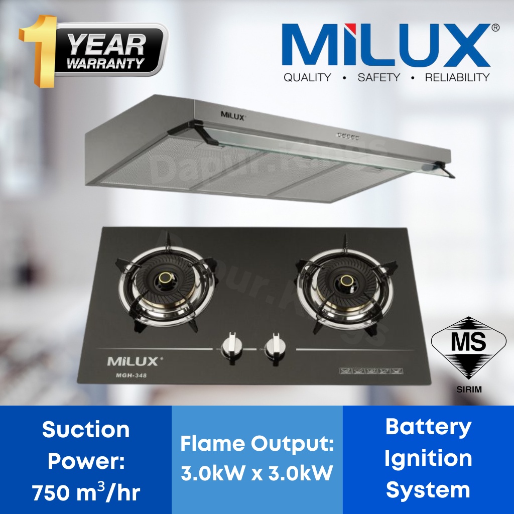 Milux Slim Hood MHS-S430 / 2 Burner Premium Built-In Gas Cooker Hob MGH ...