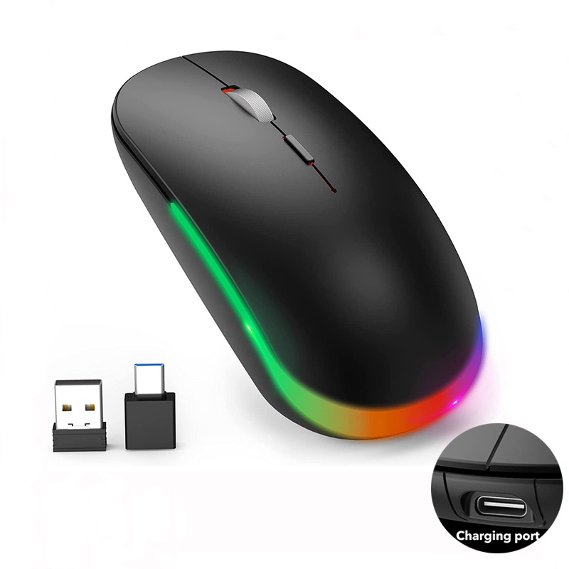 RGB Wireless Mouse Rechargeable Computer Mouse with USB Receiver & Type ...