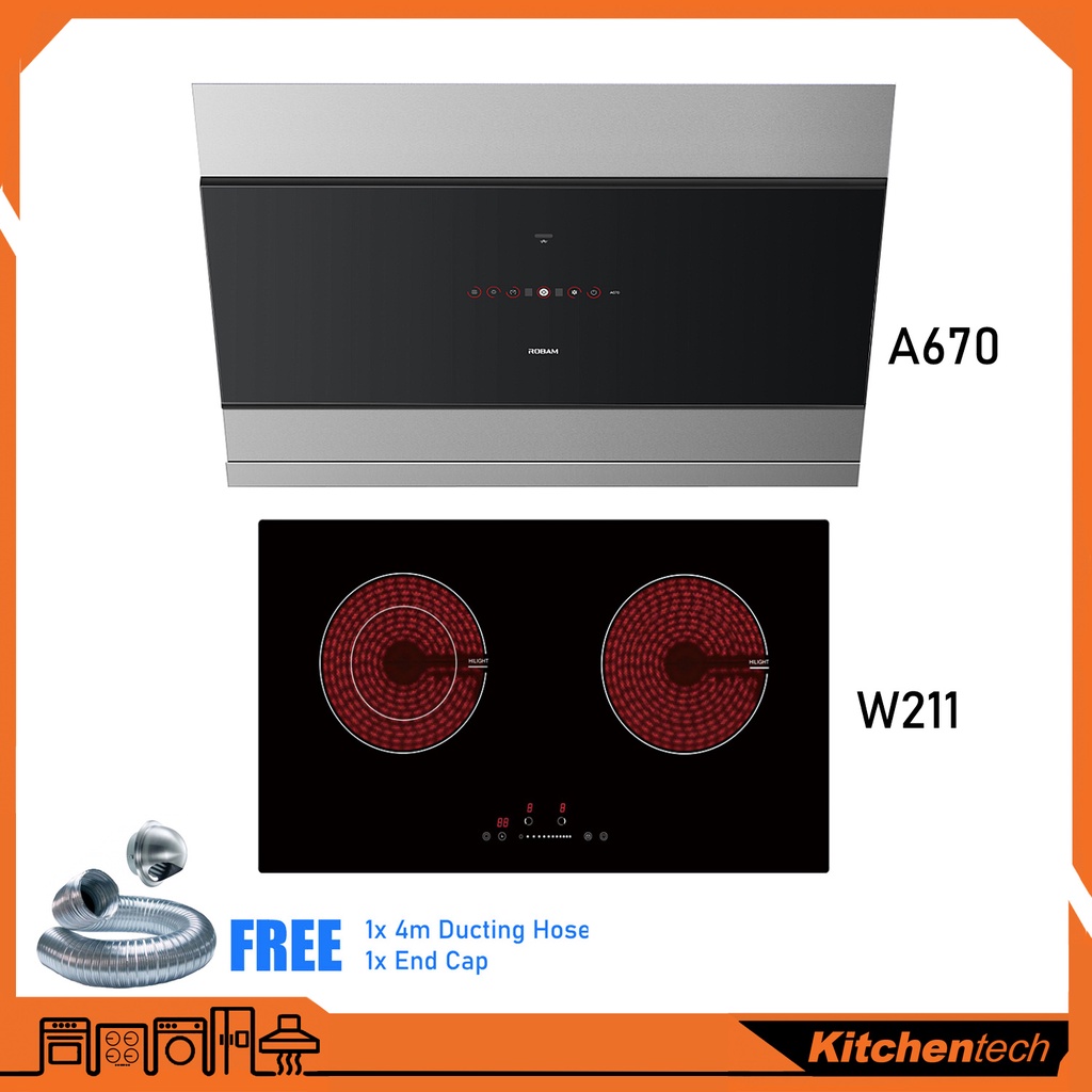 Robam A670 Side Suction Chimney Hood 90cm + W211 Dual Cooking Zone ...