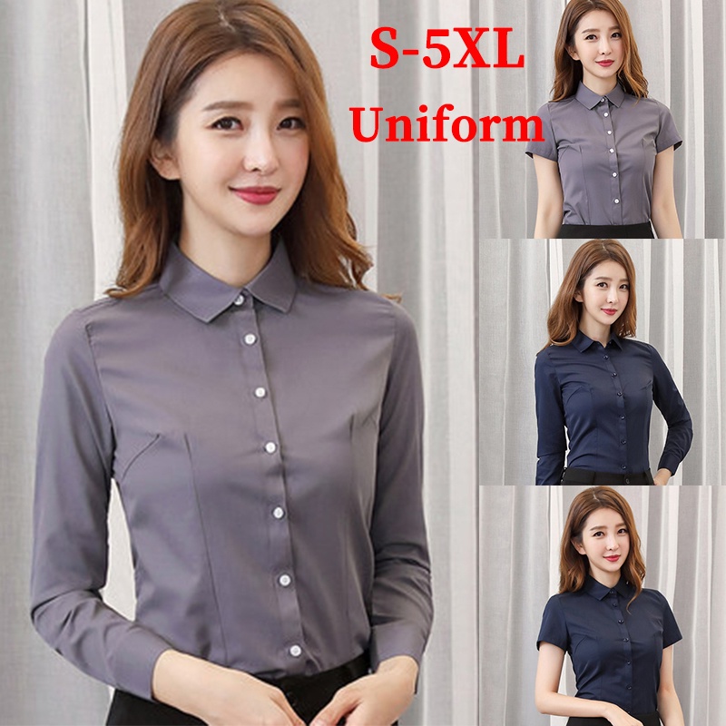 S-5XL Women Long Sleeve Officewear Work Top Shirts Female Solid Grey ...