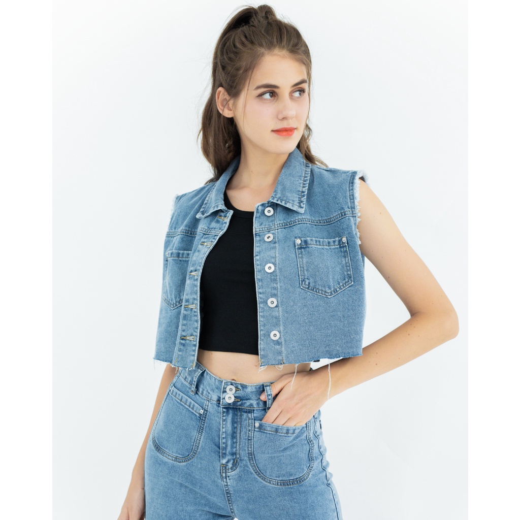 SHOPLOOOH Cropped Denim Vest (Denim) | Shopee Malaysia