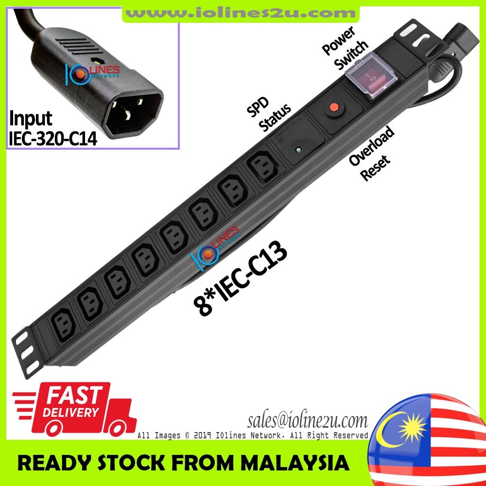 1U Rackmount 19" 8 PORT IEC PDU 8*IEC-320-C13 OUTPUT & C14 INPUT 10A ...