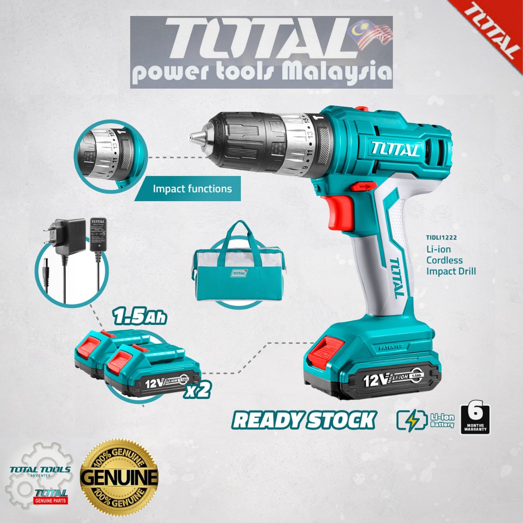 TOTAL Li-ion Cordless Impact Drill + 2 pcs Batteries & Charger + FREE ...