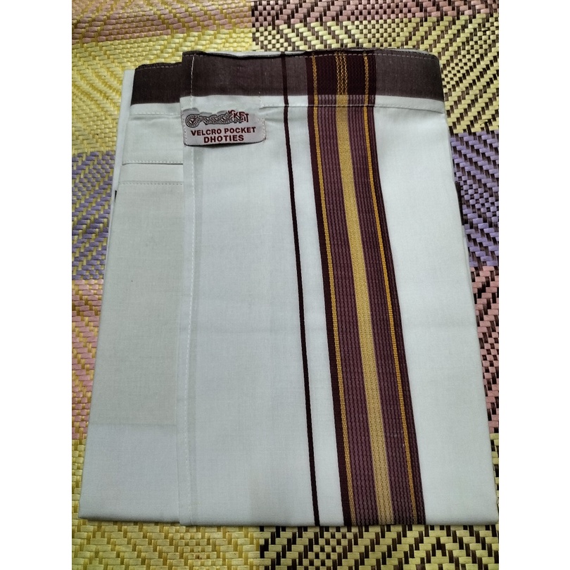 Velcro Cotton Vesthi Dhoti With Gold Border with pocket - Adjustable ...