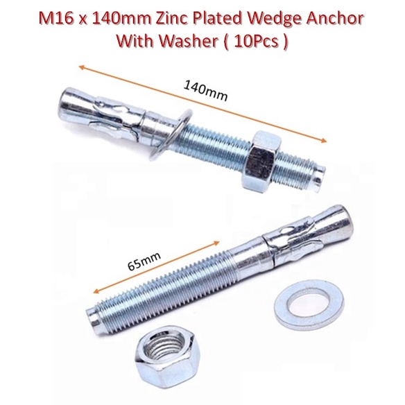 10PCS M16 X 140MM ZINC PLATED 5.8 GRADE WEDGE ANCHOR BOLT WITH WASHER ...