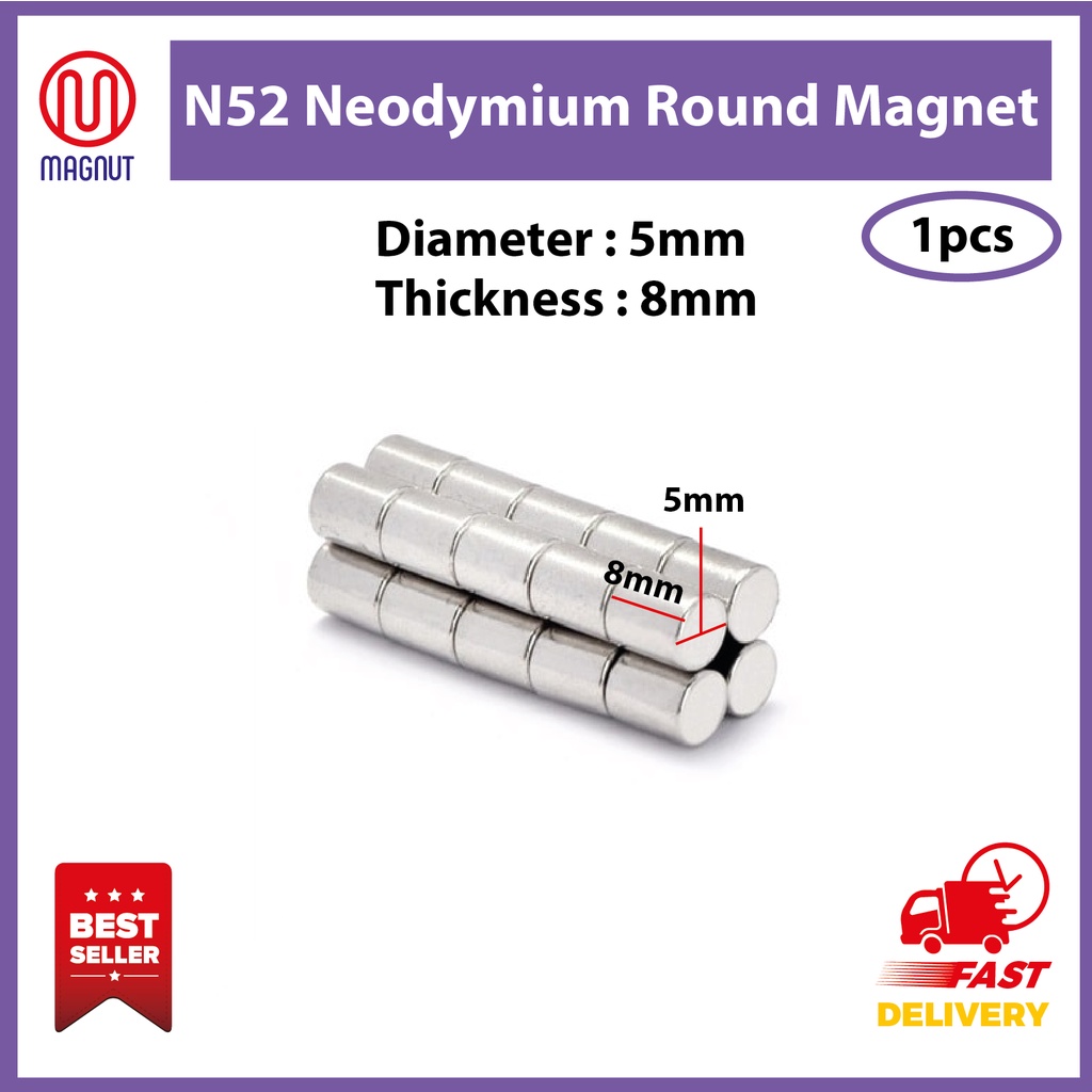 1pcs-Grade : N52 Diameter : 5mm Thickness : 8mm Neodymium Extra Strong ...