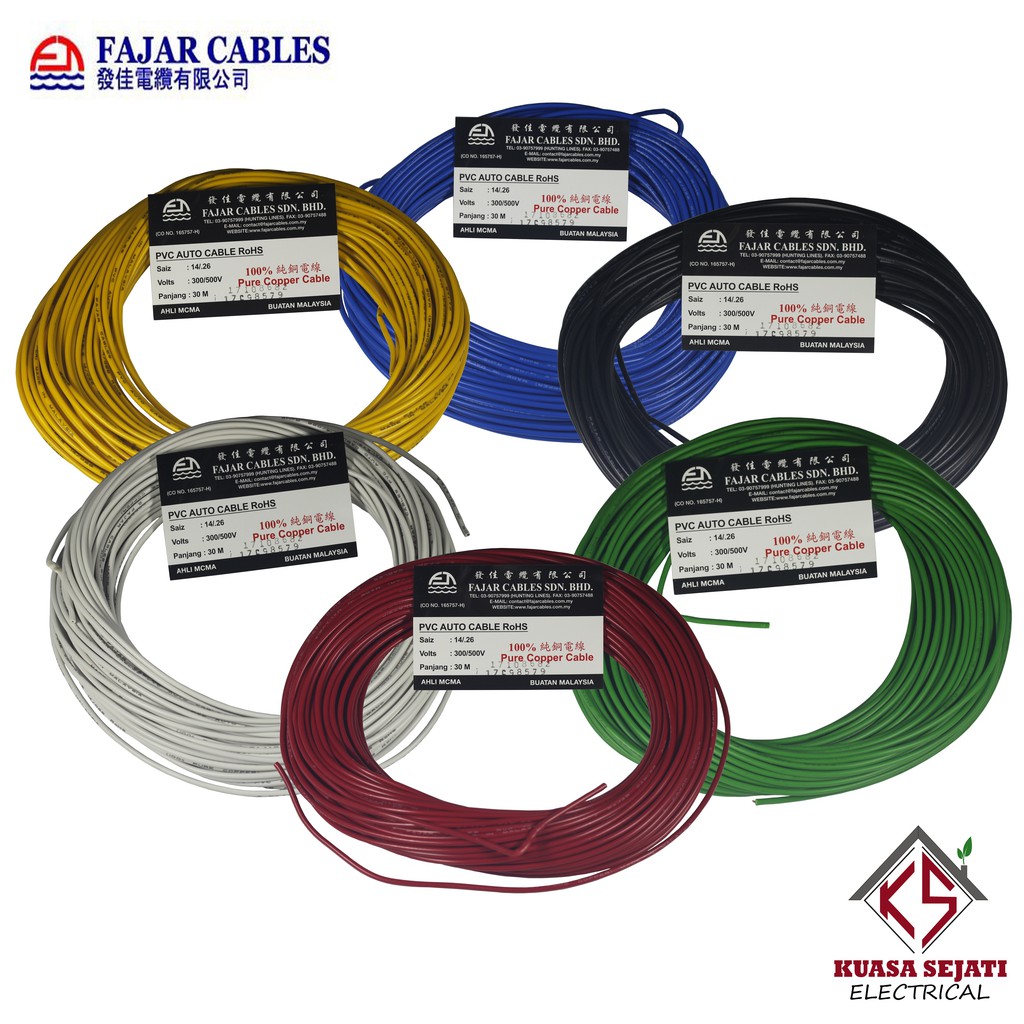 Fajar 14/0.26mm ~ 28/0.26mm Car Lori Automotive Wire Auto Cables Copper - 30m (Red, Yellow, Blue ...