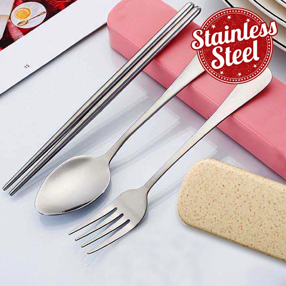 3pcs Stainless Steel Spoon Chopsticks Fork Cutlery Set Portable Storage ...