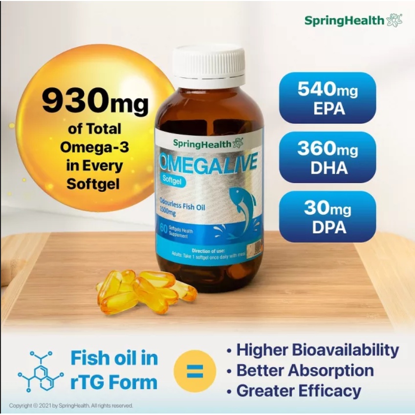 SPRINGHEALTH OmegaLive™ Softgel 60's [ Omega 3 - Odourless Fish Oil 1500mg ] {Expiry: July 2026 ...