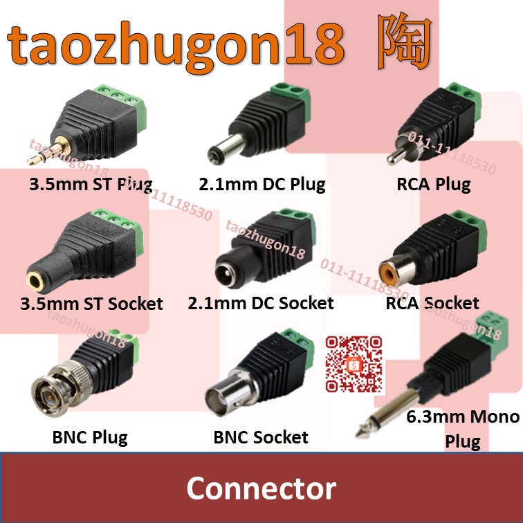 Connector 3.5mm ST 6.3mm Mono RCA BNC DC 2.1mm Male Plug Female Socket ...