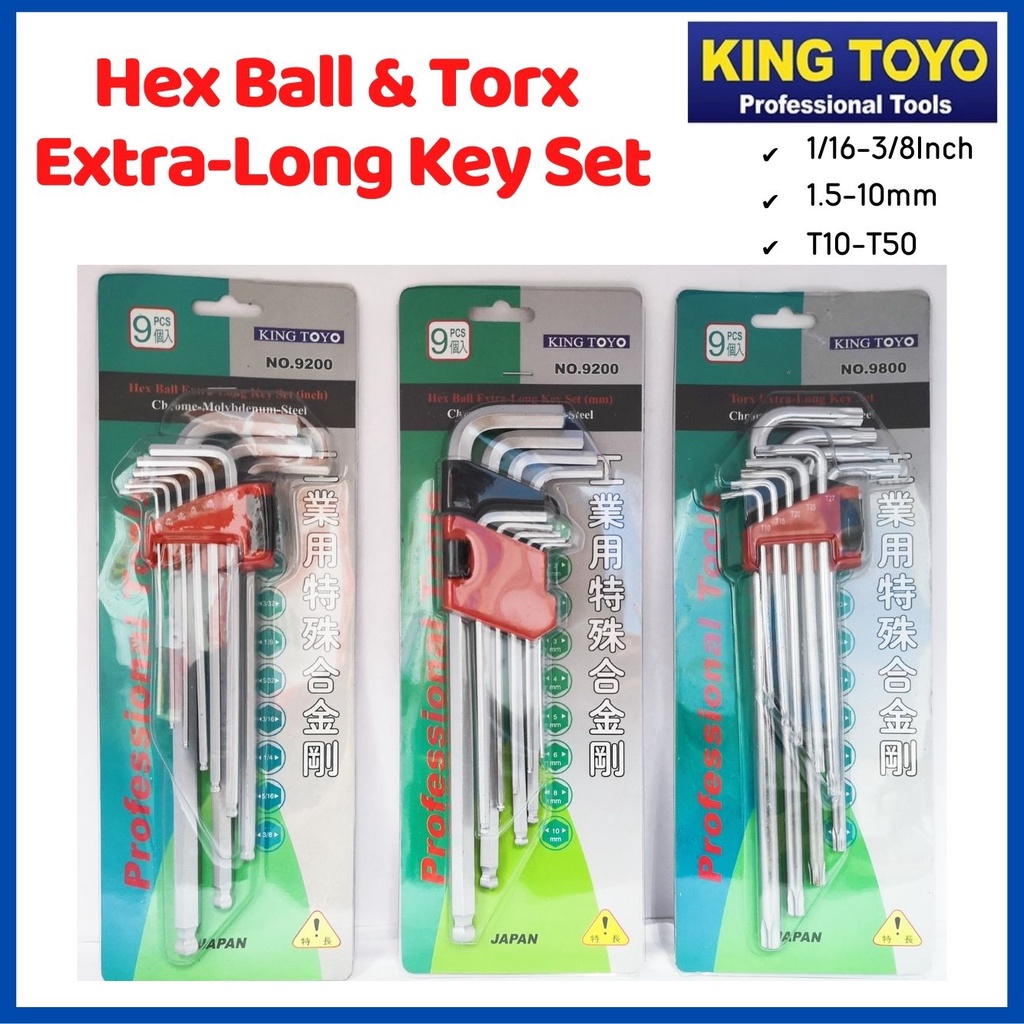King Toyo 9pcs Torx & Hex Ball Extra-Long Key Set (inch, mm, torx) KT ...