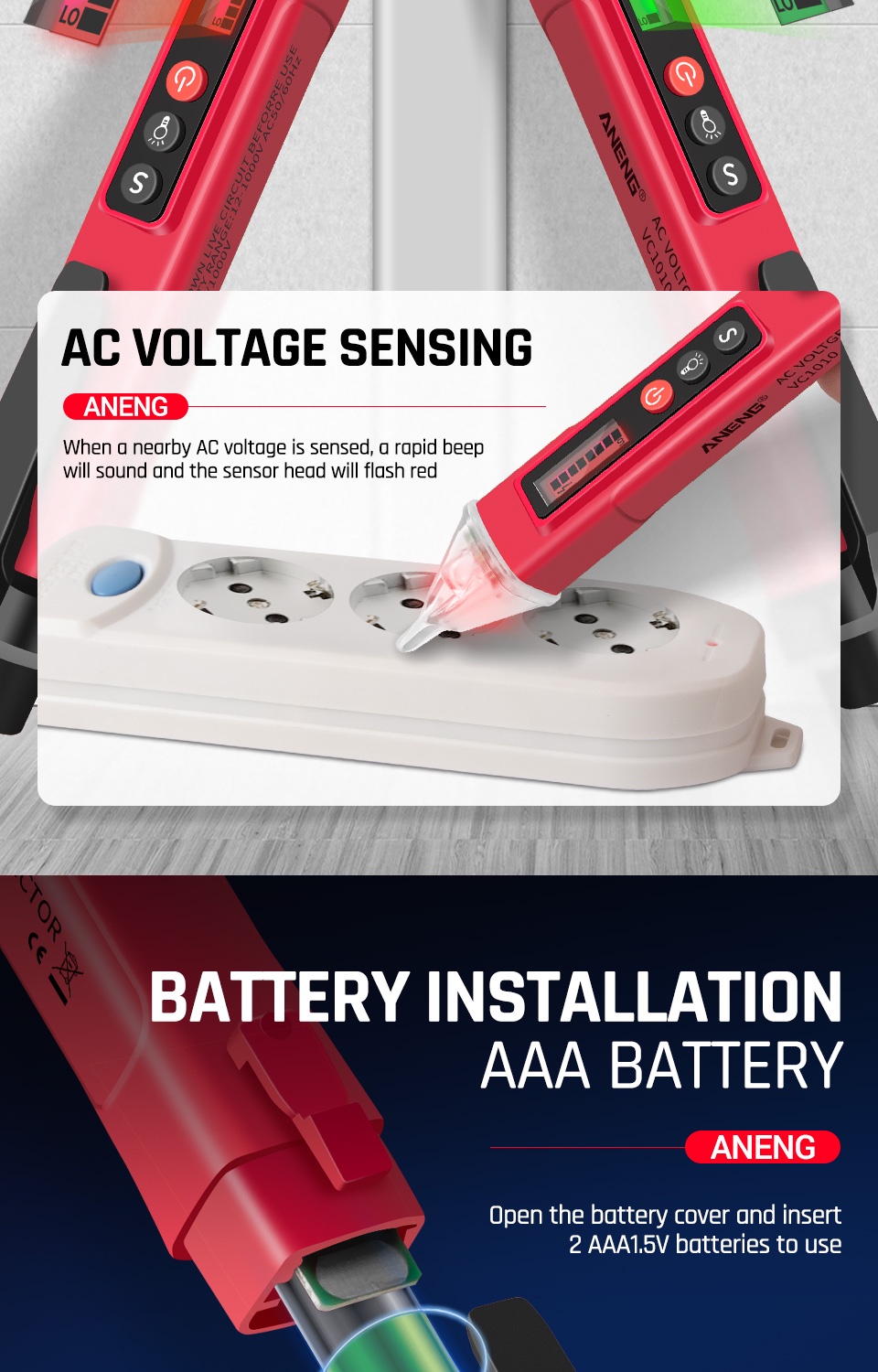 ANENG VC1010 Digital Voltage Detectors 12-1000V AC/DC Non-Contact Pen ...