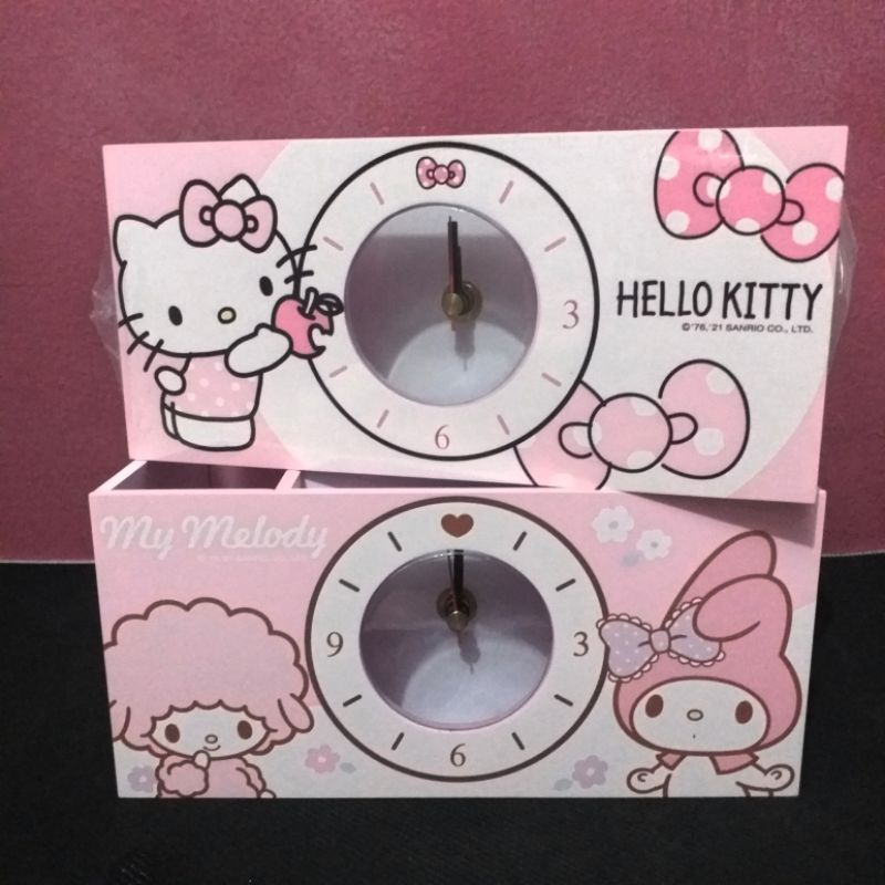 Sanrio Taiwan Hello kitty & My Melody table wood storage with clock ...