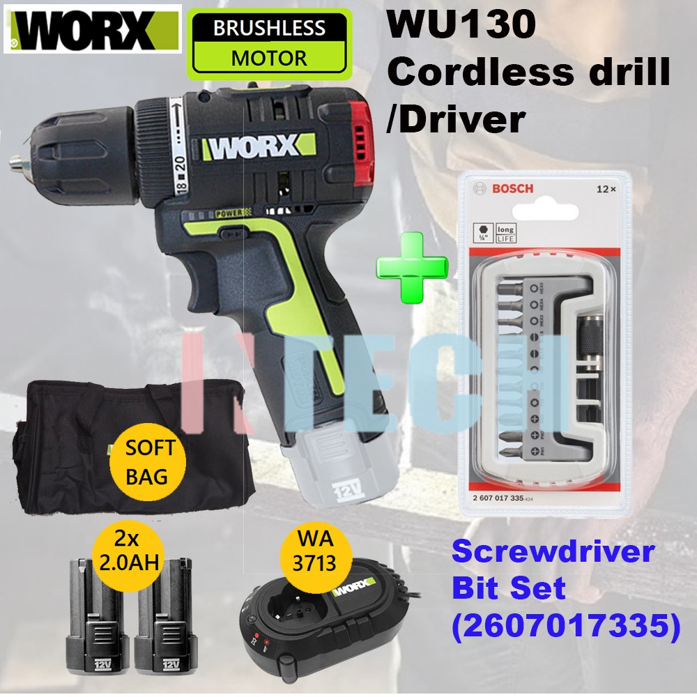 WORX PROFESSIONAL WU130 CORDLESS DRILL/DRIVER C/W BOSCH SCREWDRIVER BIT ...