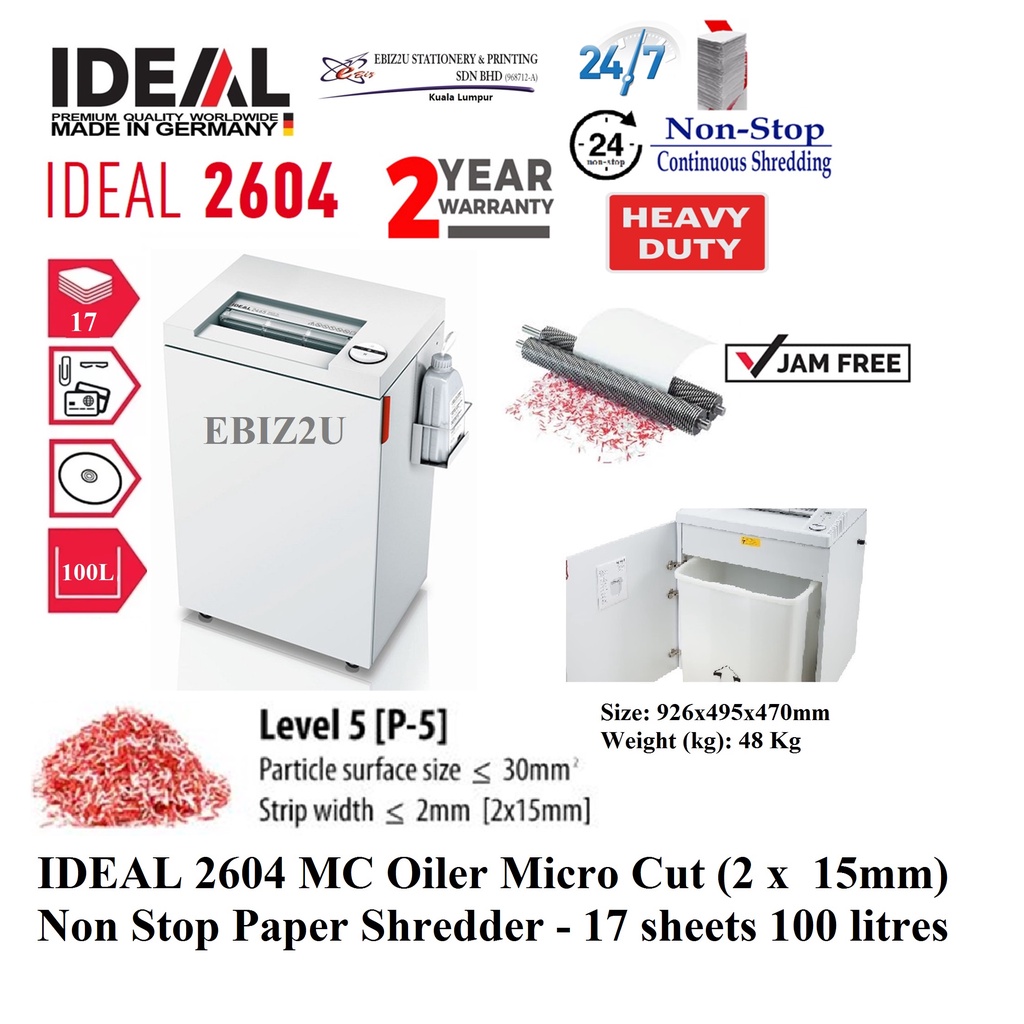 IDEAL 2604 CC Oiler Micro Cut (2 x 15mm) Non Stop Paper Shredder - 17 ...