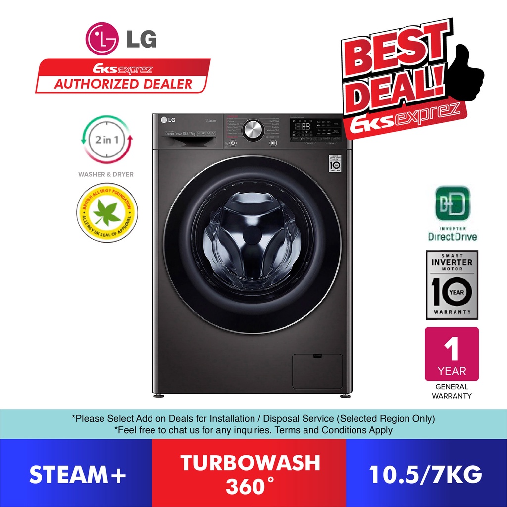 LG Front Load Inverter Washer Dryer (10.5/7kg) FV1450H2B With Steam+ ...