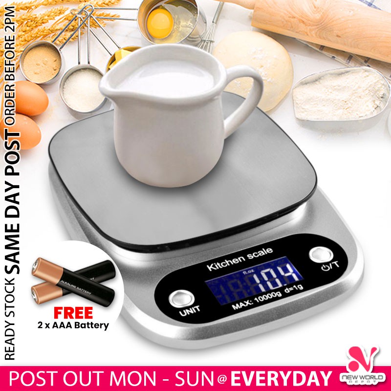 𝟭𝗚 - 𝟭𝟬 𝗞𝗚 》 FREE Battery Stainless Steel Electronic Digital LCD Screen Kitchen Weight Scale ...