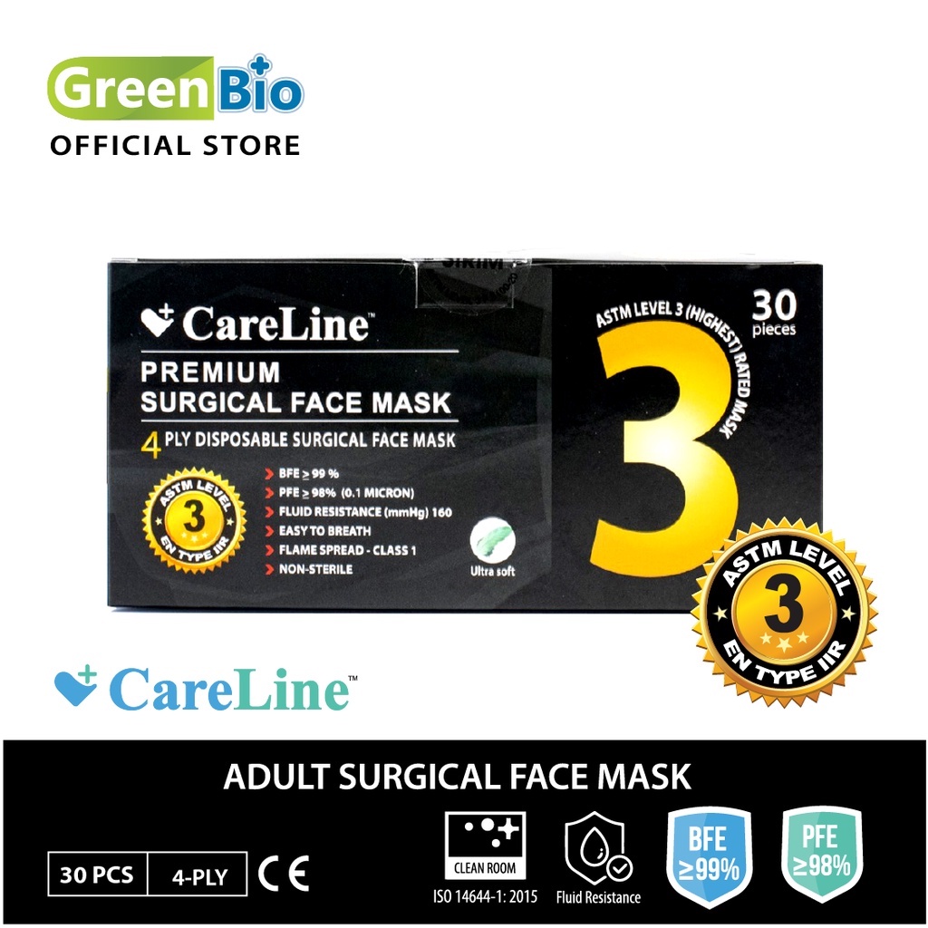 CARELINE 4 ply US ASTM Level 3 single use PREMIUM surgical graded face masks (Adults) Made In ...