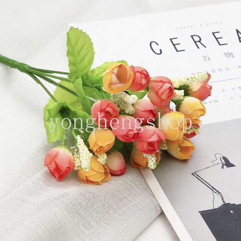 15 Heads Artificial Mini Tea Rose Flower Wedding Bride Bouquet Fake ...