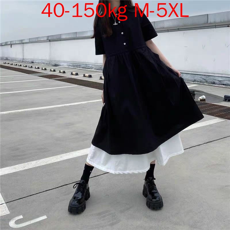 【M-5XL 40-150KG】胖mm大码女装2-300斤夏装假两件长裙小众设计感学生POLO领连衣裙 plus size extra large size oversize fat big ...