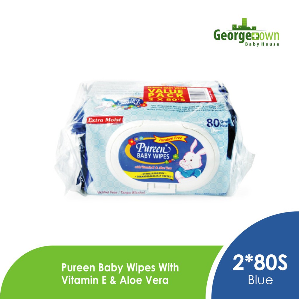 Pureen Baby Wipes with Vitamin E & Aloe Vera 80s x 2 (Twin Pack) Blue ...