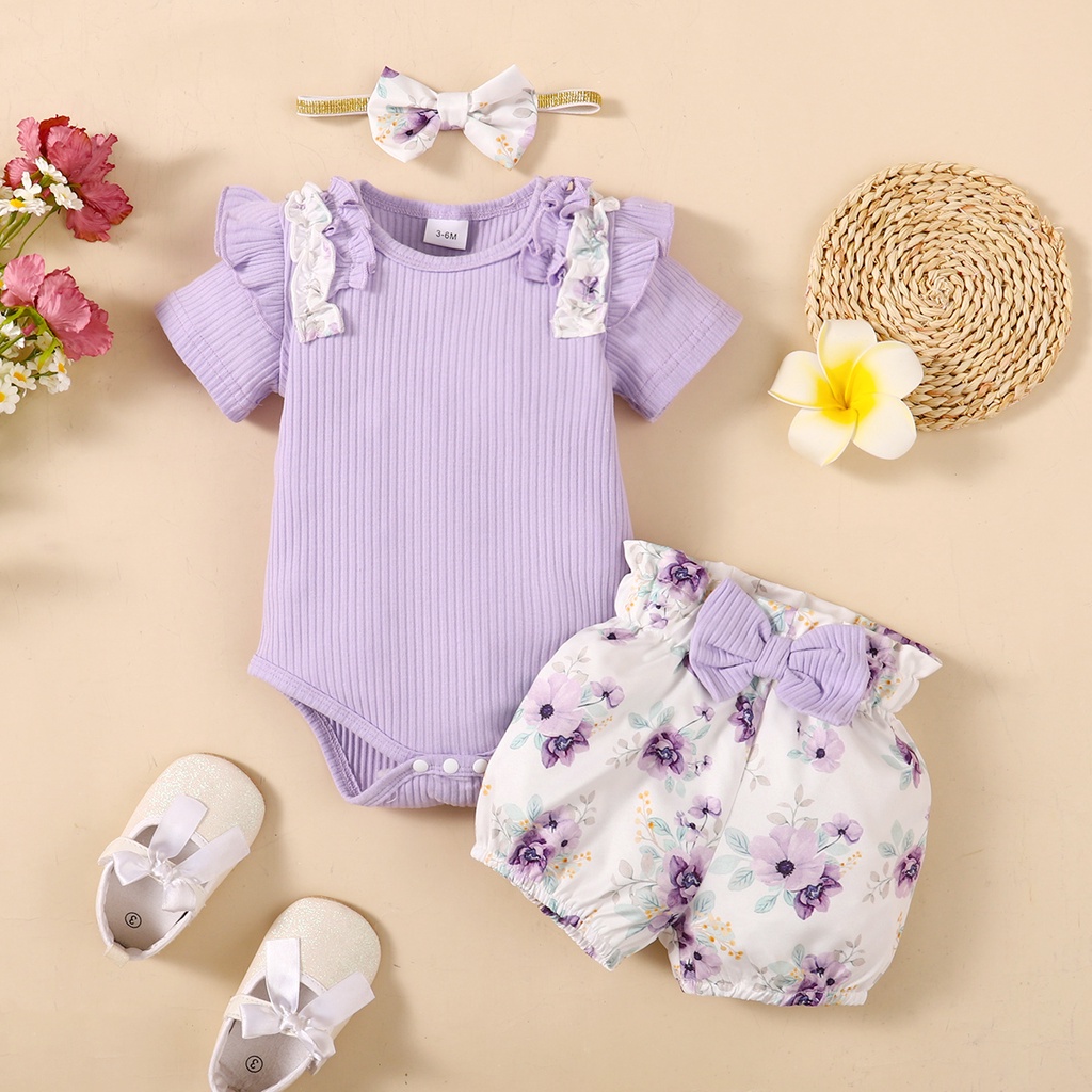 Baju Baby Girl 0-18 Months 3PCS Baby Girl Clothes Set Ruffle Short Sleeves Solid Bodysuit Flower ...