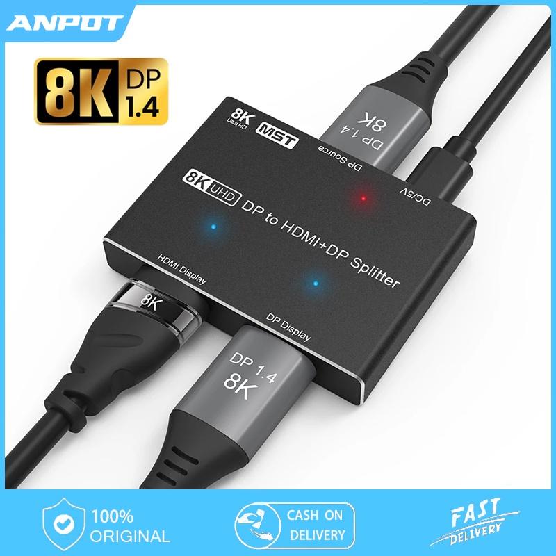 DisplayPort Splitter MST Two Screen Split HDMI2.1+DP1.4 8K@30Hz One in two out HD Computer ...