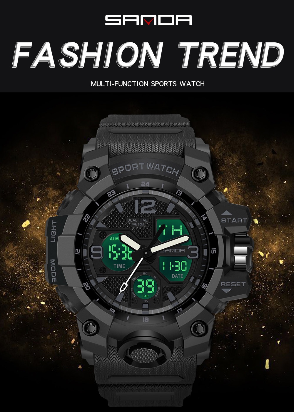 SANDA Waterproof Military Sport Men's watches Dual Display ...