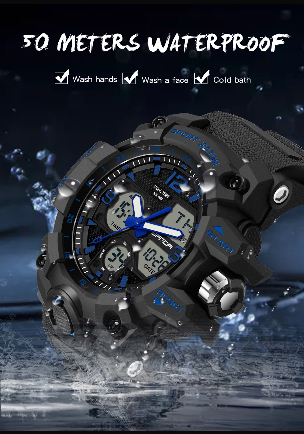 SANDA Waterproof Military Sport Men's watches Dual Display ...