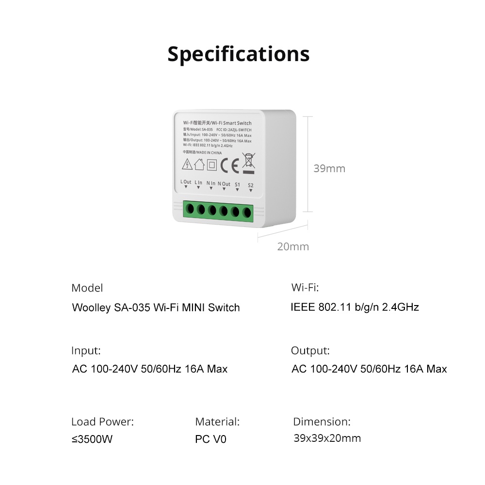 Woolley SA-035-16A-BUP 16A Wifi Smart Switch 2-way Control Mini Wifi ...