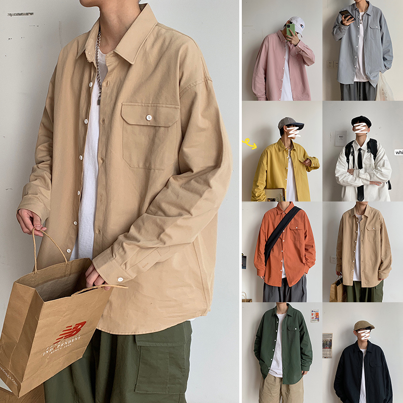 💥mollge💥spring Korean Style Long Sleeved Shirt Mens Khaki Trendy Mens