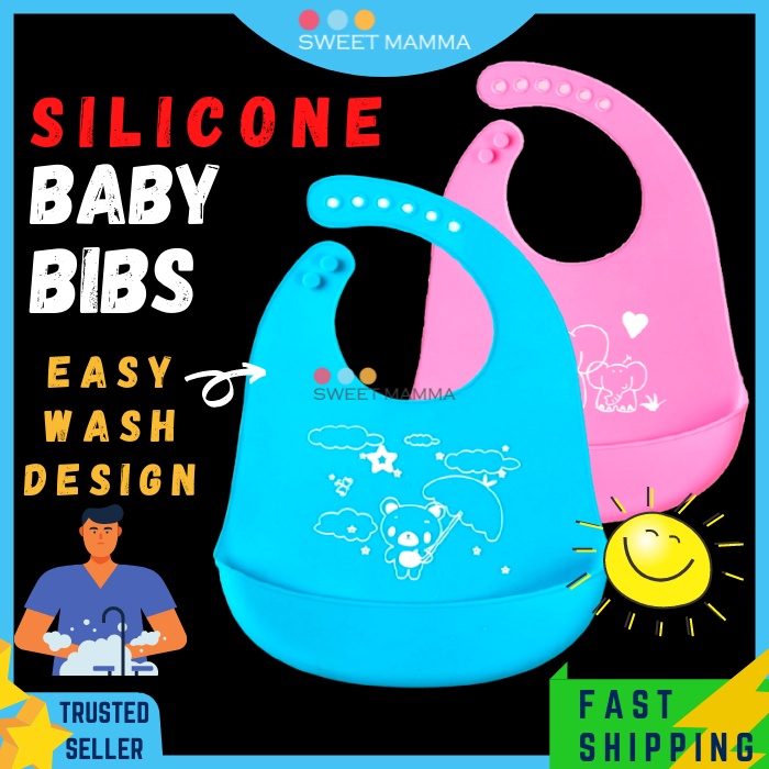 Sweet Mamma Easy Clean Baby Silicone Bibs Adjustable Waterproof Feeding ...