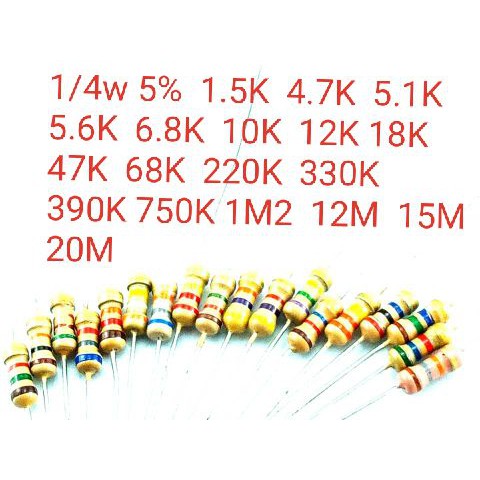 15PCS 5% 1/4W carbon film resistor 1K 1.5k ohm 4.7k 5.1k 5.6k 6.8k 10k ...
