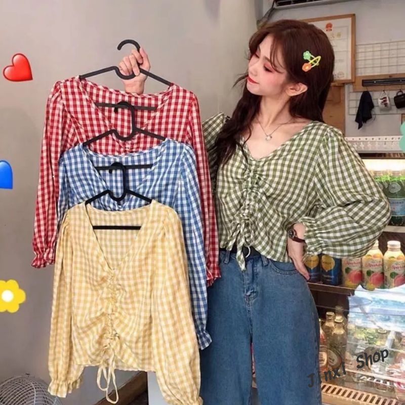 Crop Top V-neck Flare Sleeve Plaid Drawstring Design Sense Long Sleeve ...