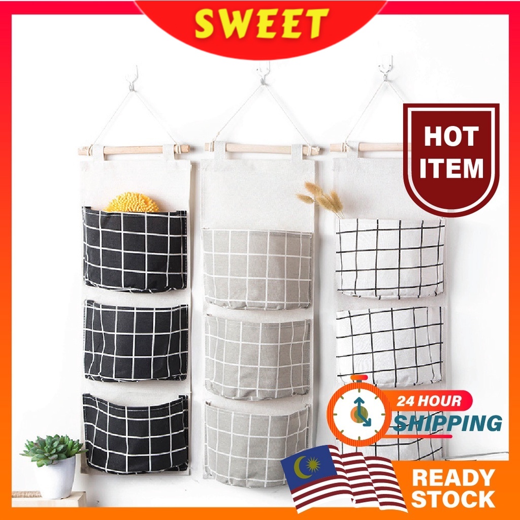 Cotton Linen Wall Hanging Rack 3 Pocket Storage Multifunction Layer ...
