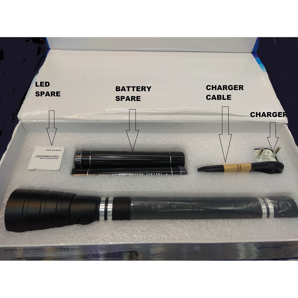 JAPAN MAX LIGHT WATERPROOF RECHARGEABLE LED HEAVY DUTY TORCHLIGHT WITH ...
