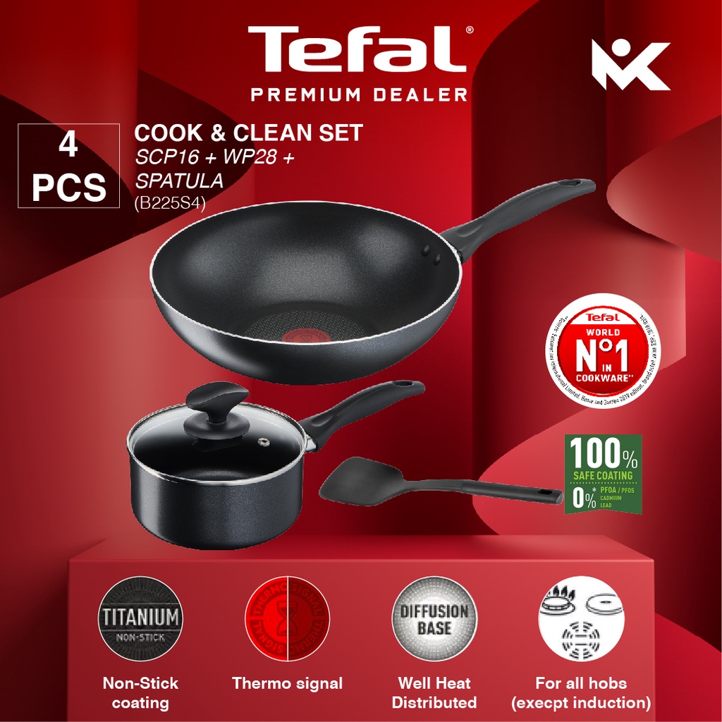 Tefal Cook & Clean 4 piece Non Stick Cookware Set B225S4 B225S404 Wokpan Saucepan Lid Pot ...