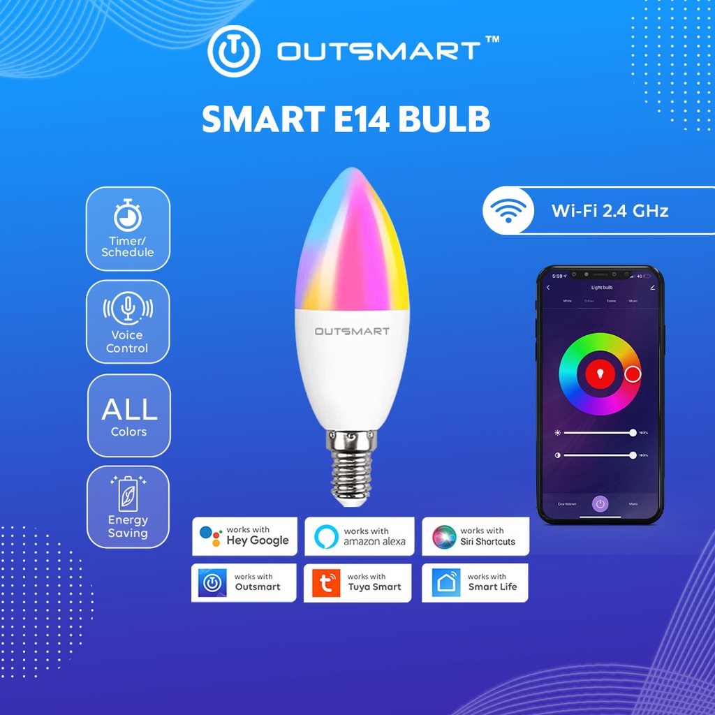 🇲🇾 OUTSMART E14 WiFi RGB LED Smart Light Bulb 5w Candle Voice Timer C37 Lamp Dimmable Voice ...