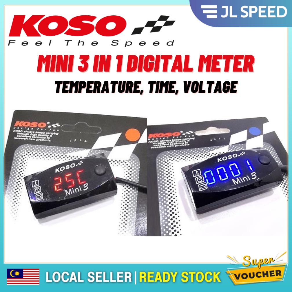 KOSO MINI3 METER 3 IN 1 UNIVERSAL (CLOCK, TEMPERATURE, VOLTAGE) 12V 24V ...