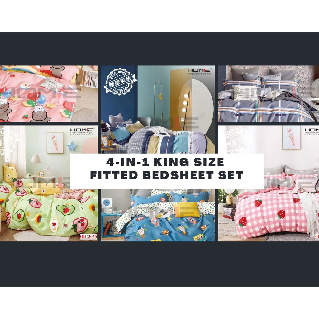 HOMIE 100% Pure Cotton 4-IN-1 King Size Fitted Bedsheet Set 100%纯棉4合1 ...