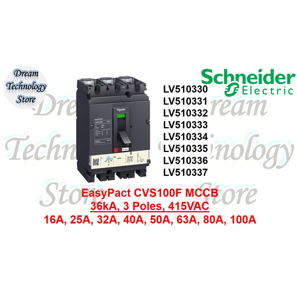 Schneider EasyPact CVS100F Adjustable MCCB 3 Poles 36kA 16A, 25A, 32A, 40A, 50A, 63A, 80A, 100A ...