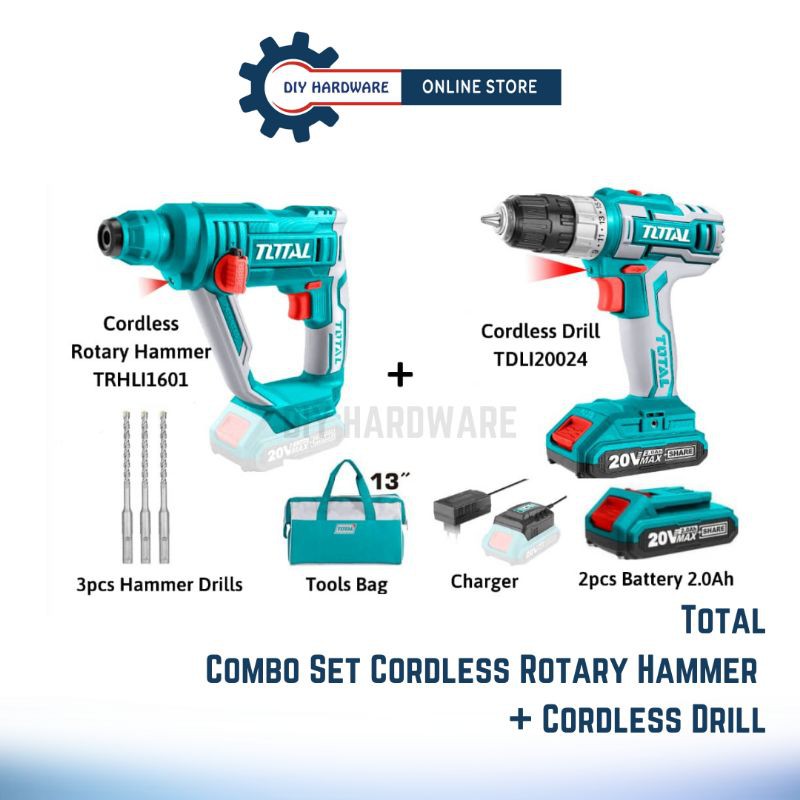 TOTAL Lithium-Ion Cordless Rotary Hammer TRHLI1601 + Cordless Drill ...