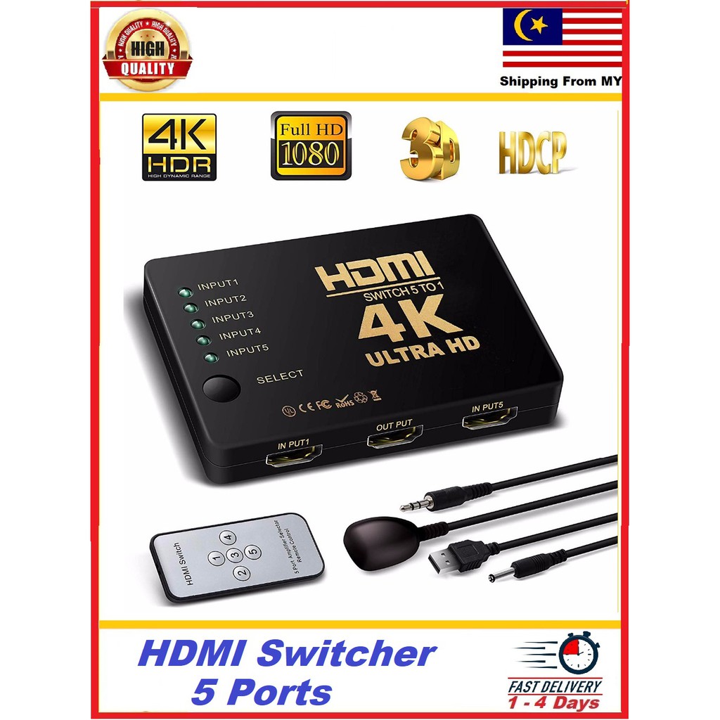 HDMI Switch 5 input 1 output 5 ports 4k HDMI switcher selector splitter ...