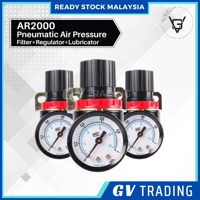 READY STOCK AR2000 1/4" Pneumatic Air Regulator + Gauge + Bracket ...