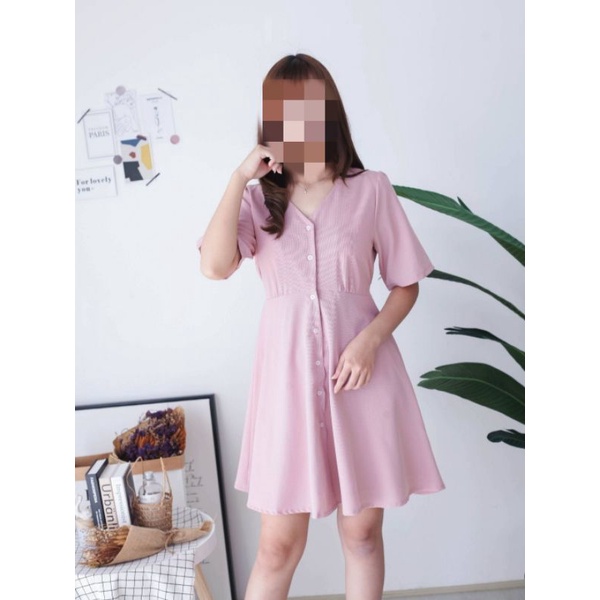 Korea V Neck Button Dress (Pink) | Shopee Malaysia