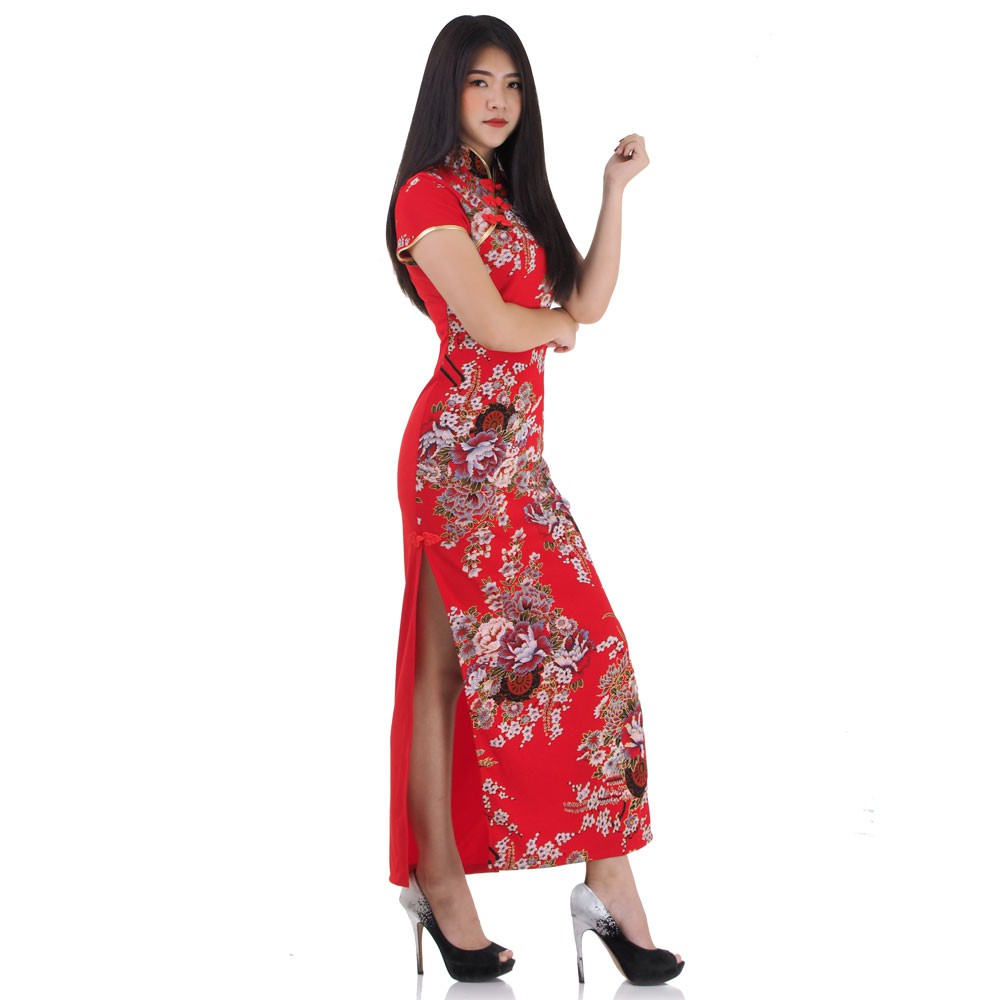 Bright Red Stretch Cheongsam With Floral Pattern Suitable For Chinese ...